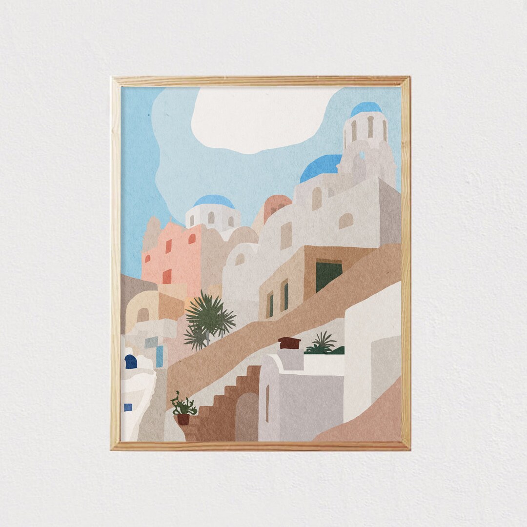 Abstract Greece Santorini Landscape Illustration Art - Mid Century ...