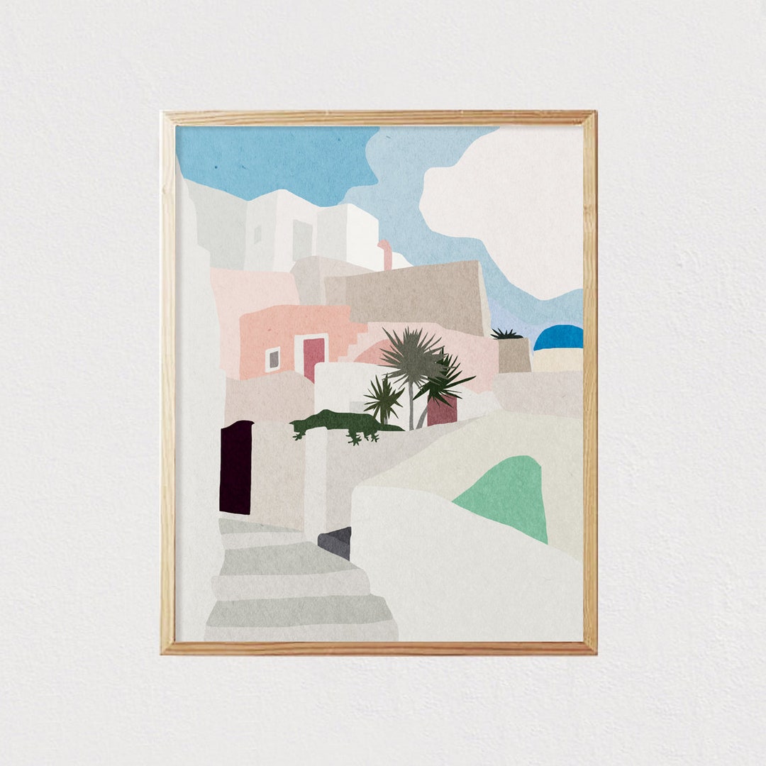 Abstract Greece Santorini Landscape Illustration Art - Mid Century ...