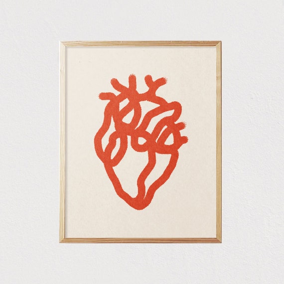 Red Heart Line Art Print Abstract Heart Illustration Mid | Etsy
