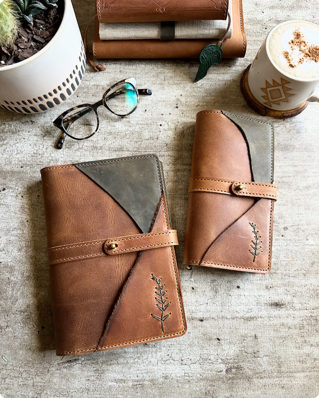 NOTEBOOK SLEEVE - Button Stud Fern Leather Notebook Cover - Leather ...