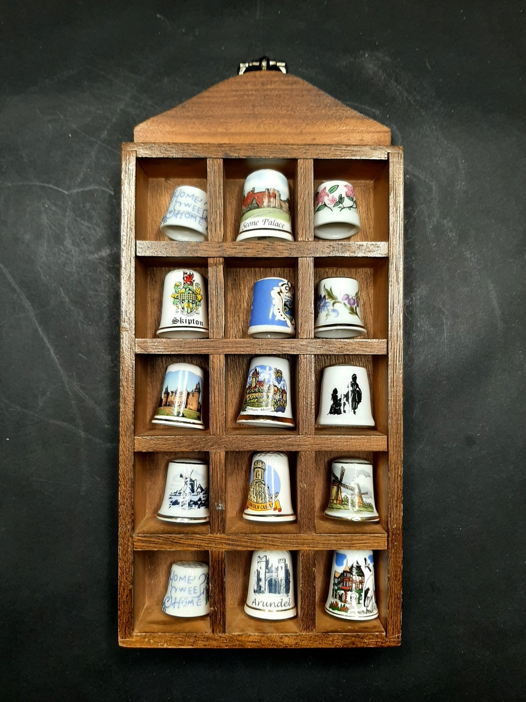 15 Porcelain Thimbles With Wooden Cabinets Display China England and ...