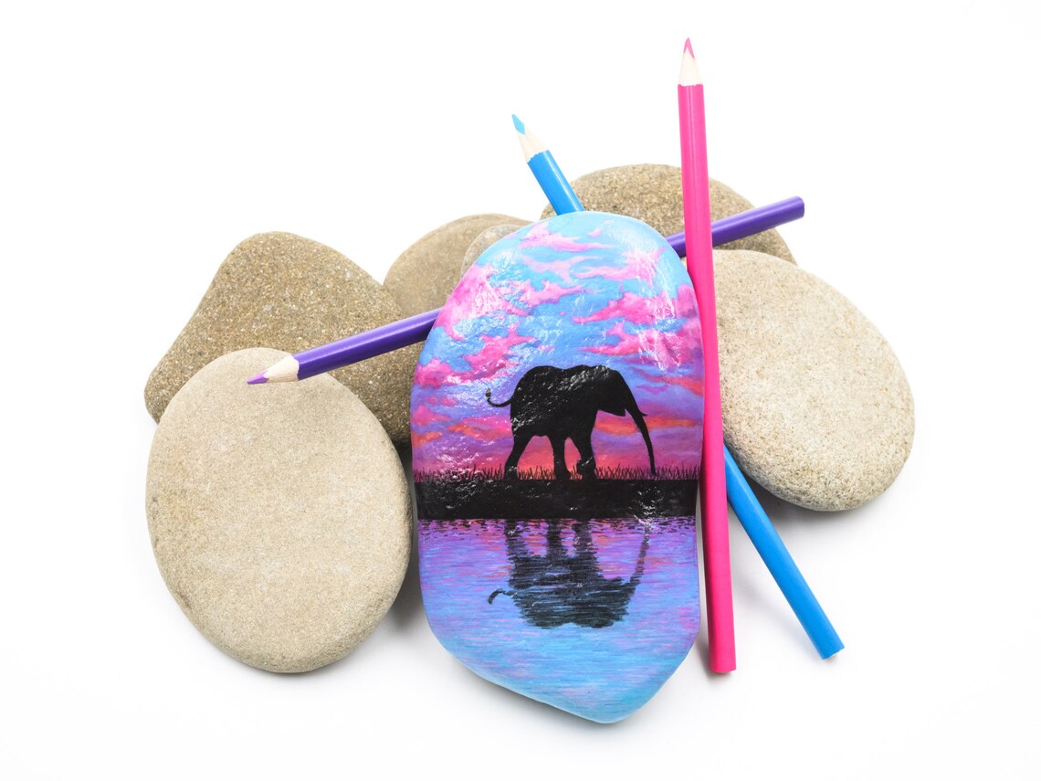 Elephant on rock hand painted stone | Etsy