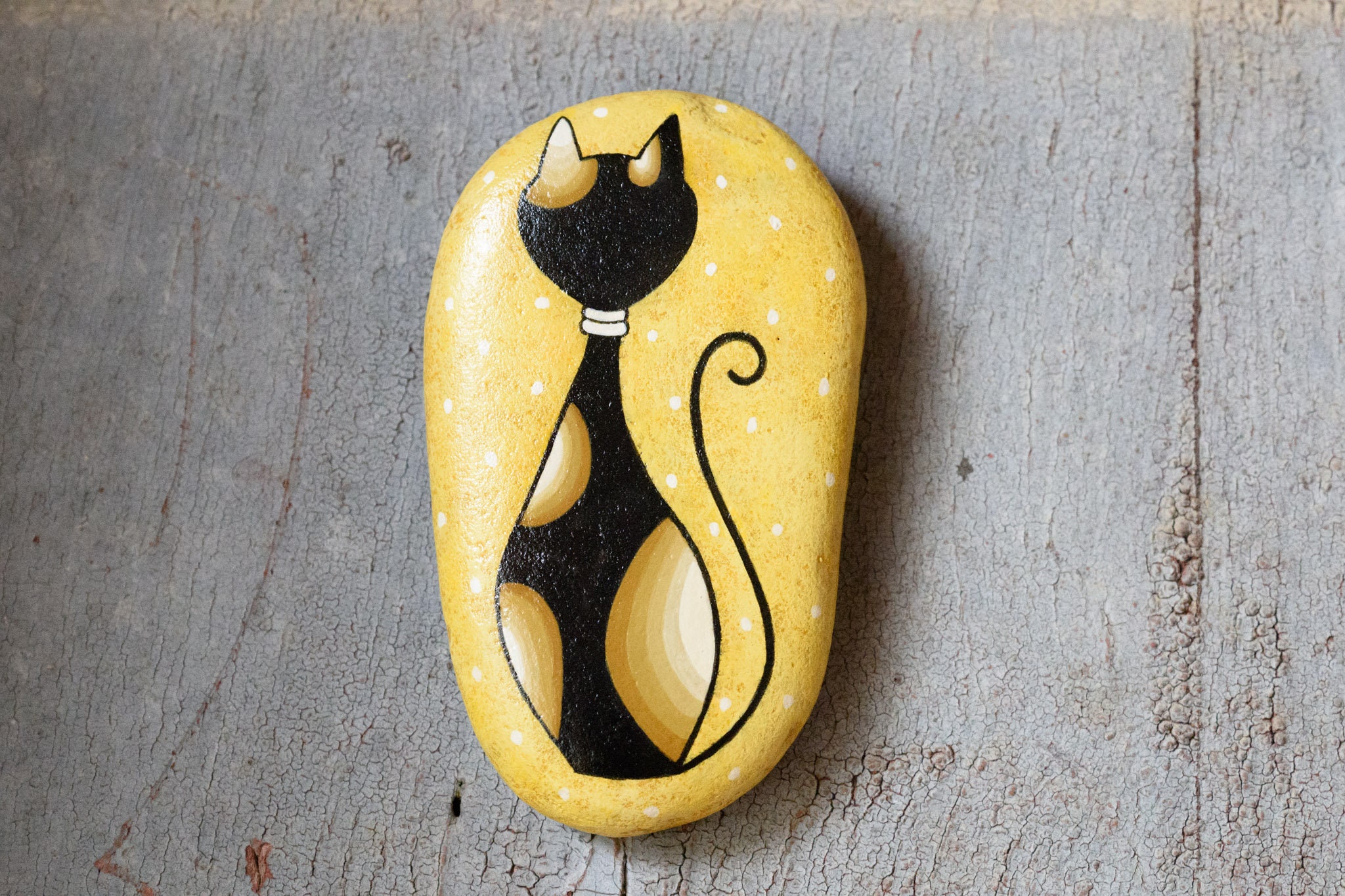 Black cat painting Cat on stone Hand painted rock | Etsy