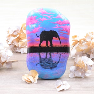 Elephant on Rock, Hand Painted Stone, Elephant at Sunset - Etsy