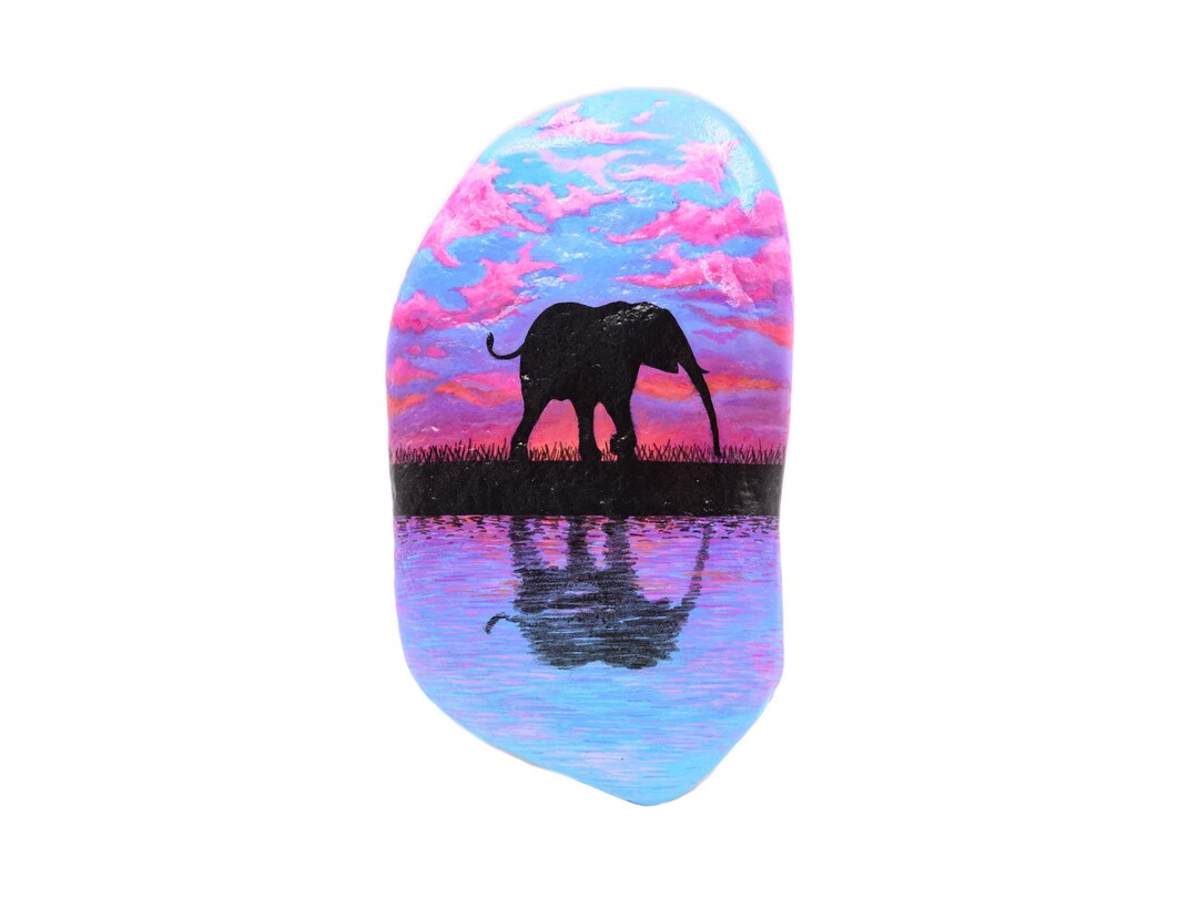 Elephant on Rock, Hand Painted Stone, Elephant at Sunset - Etsy