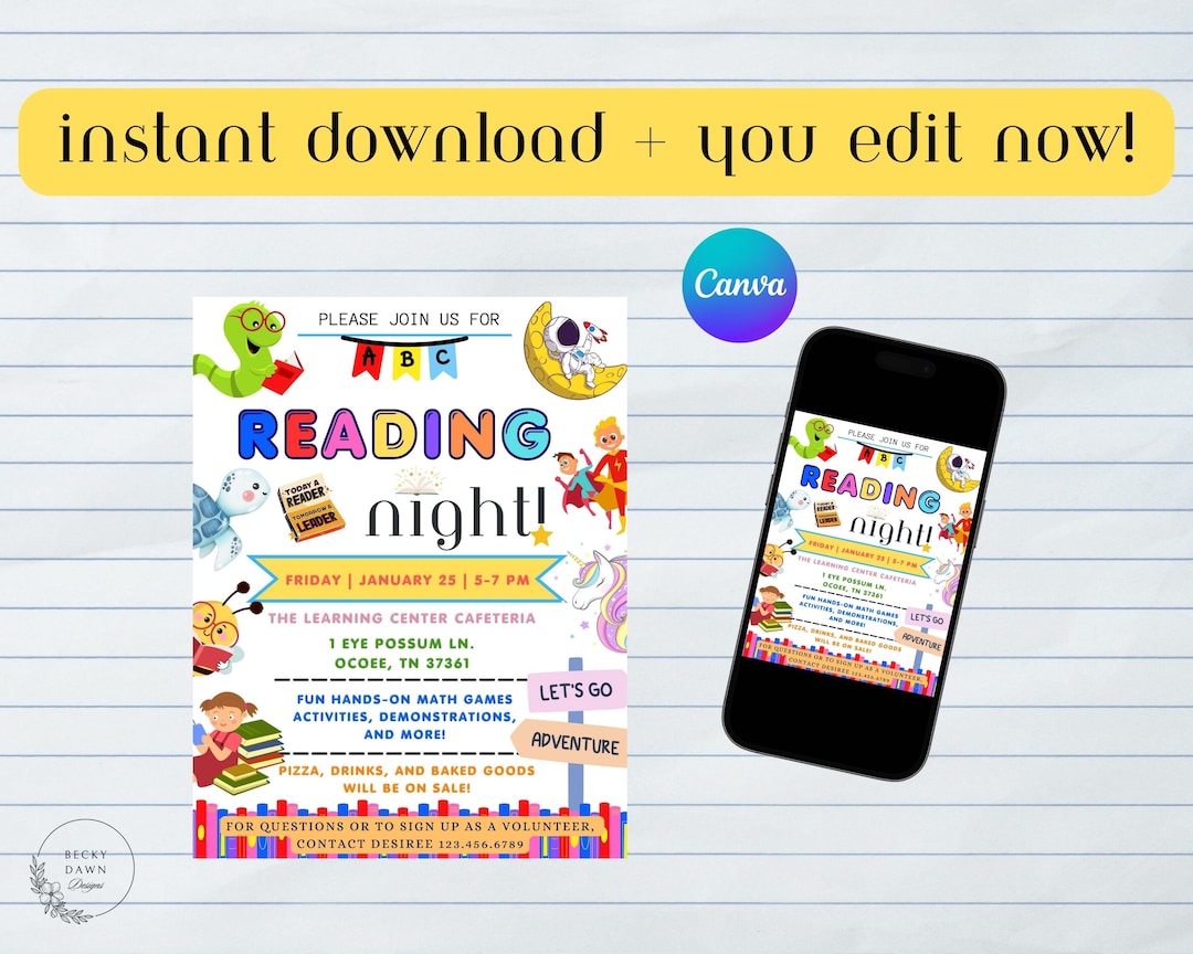 Editable Family Reading Night Flyer, PTO PTA Family School Flyer ...