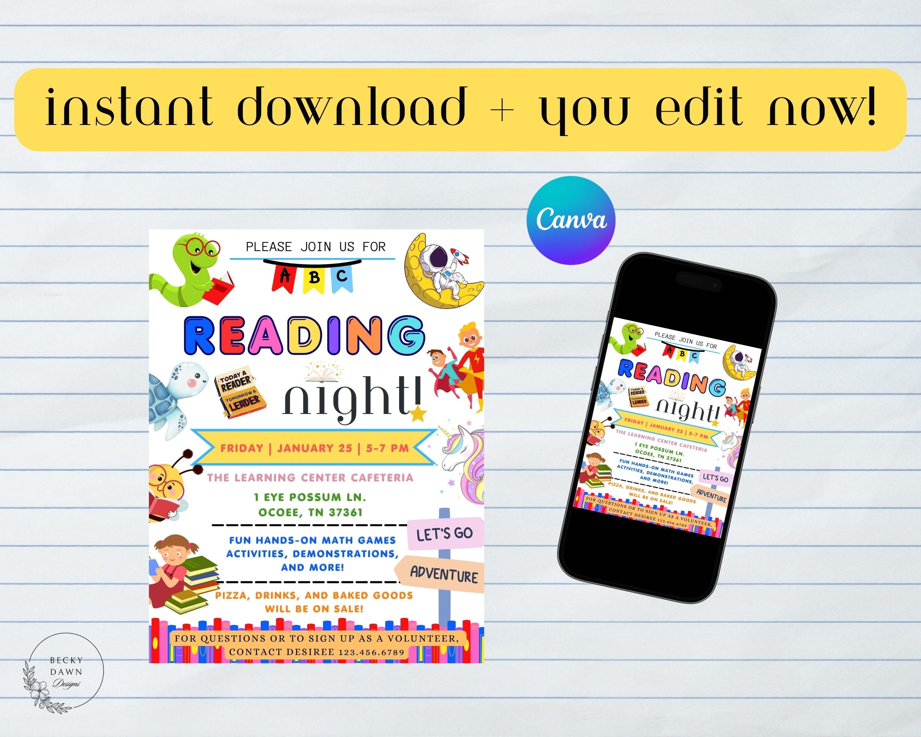 Editable Family Reading Night Flyer, PTO PTA Family School Flyer ...