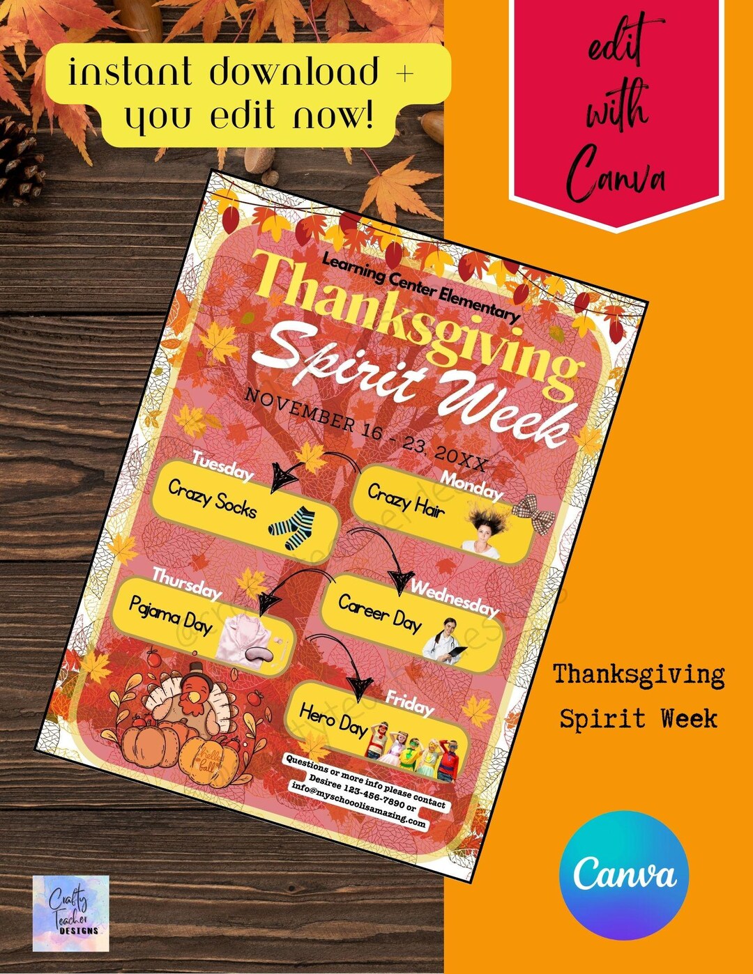 EDITABLE | Thanksgiving Spirit Week | Fall Theme | Office | School - Etsy
