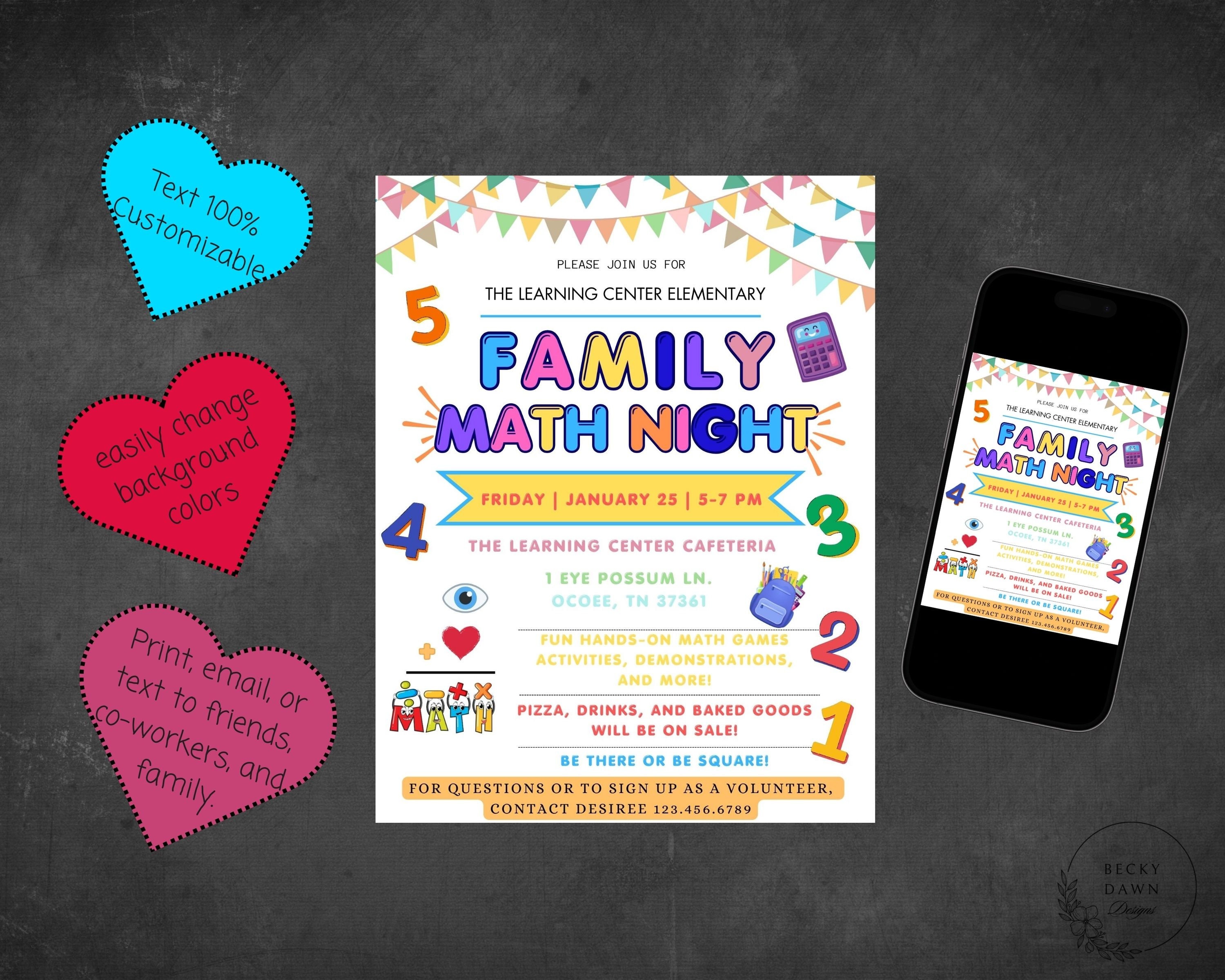 Editable Family Math Night Flyer, PTO PTA Family School Flyer, Math ...
