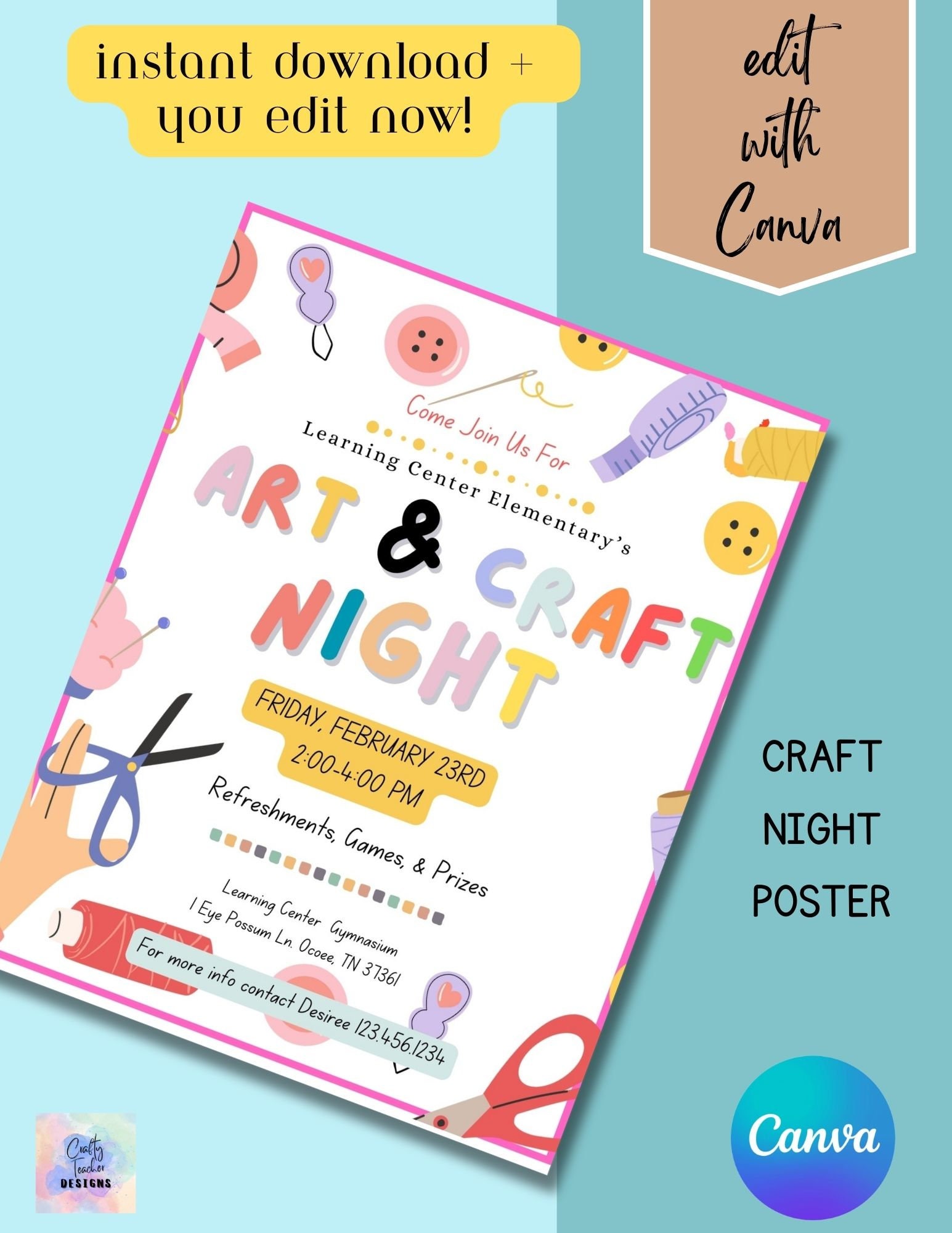 Editable Craft Night Poster, Printable, Template, Handout, PTO PTA ...