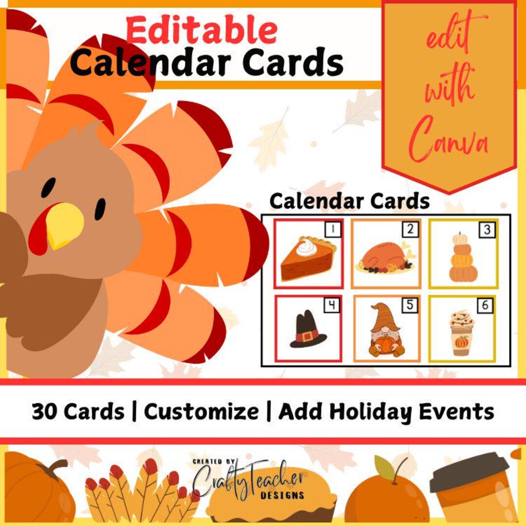 Editable Calendar Cards, November, Thanksgiving, Holiday, School ...