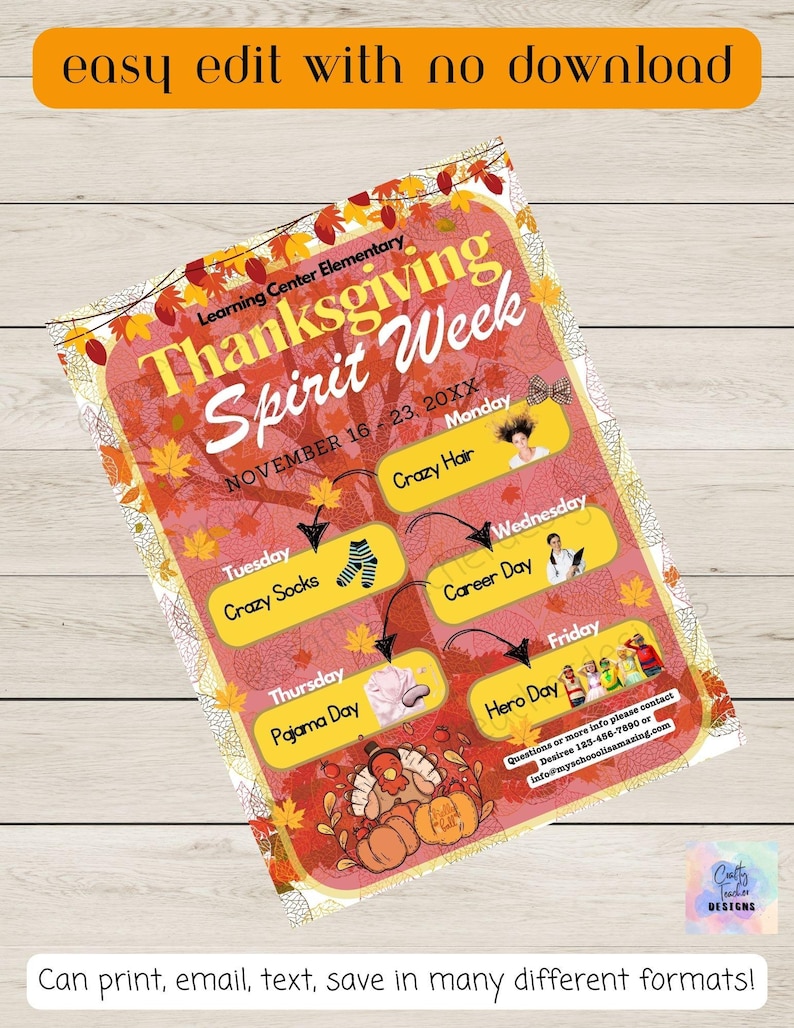 EDITABLE | Thanksgiving Spirit Week | Fall Theme | Office | School - Etsy