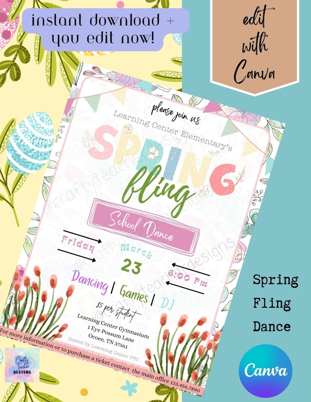 Editable-spring Fling Dance Flyer, School PTO, Social Media, Digital ...