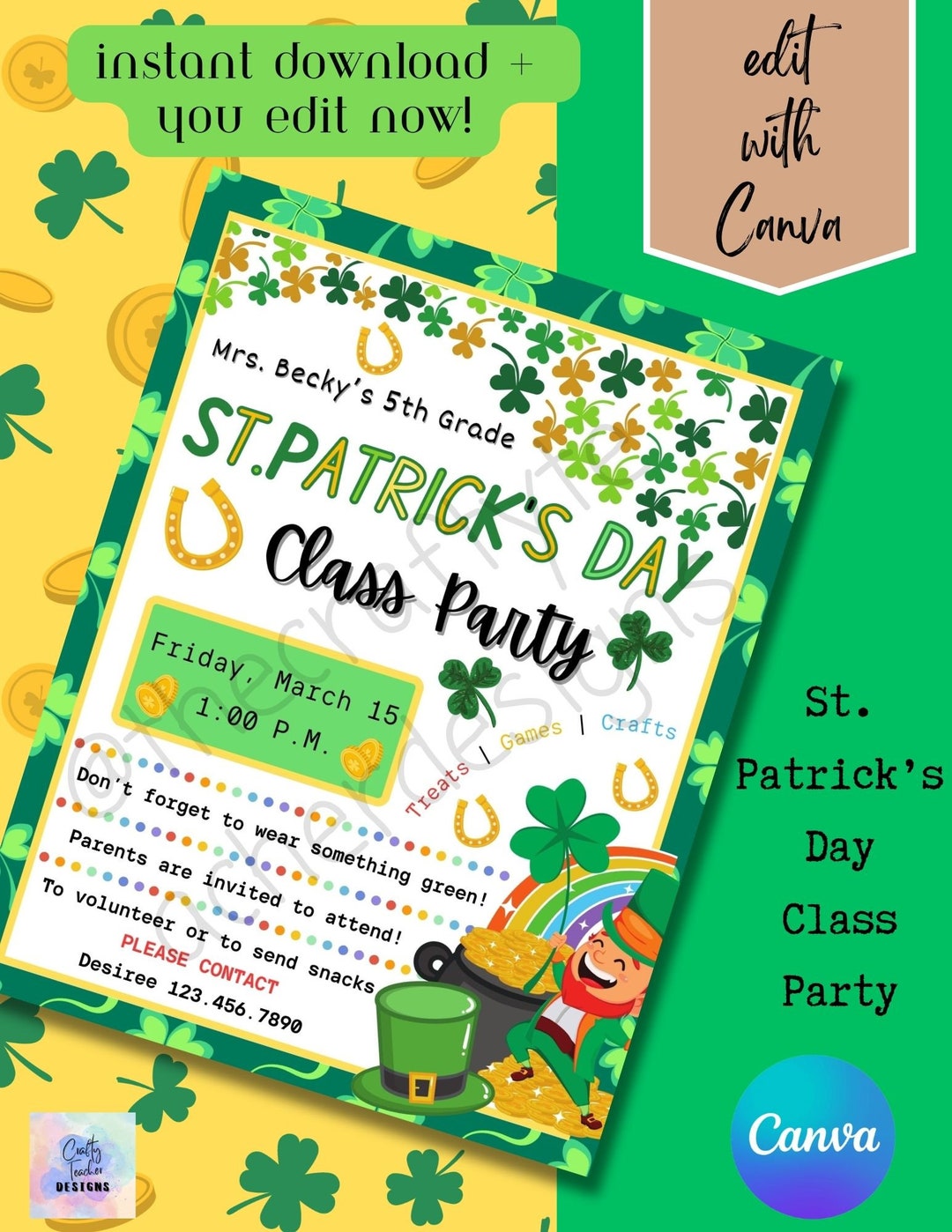 Editable St. Patrick's Day Class Party Flyer | Social Media Template ...