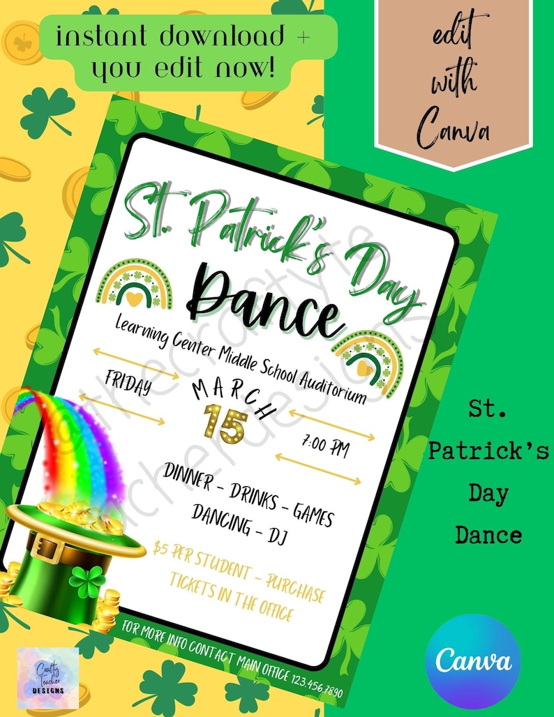 Editable St.patrick's Day Dance Flyer, School PTO PTA, Social Media ...