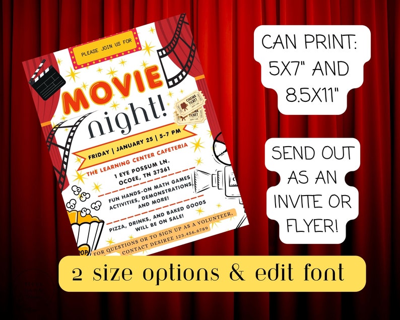 Editable Family Movie Night Flyer, PTO PTA Family School Flyer ...