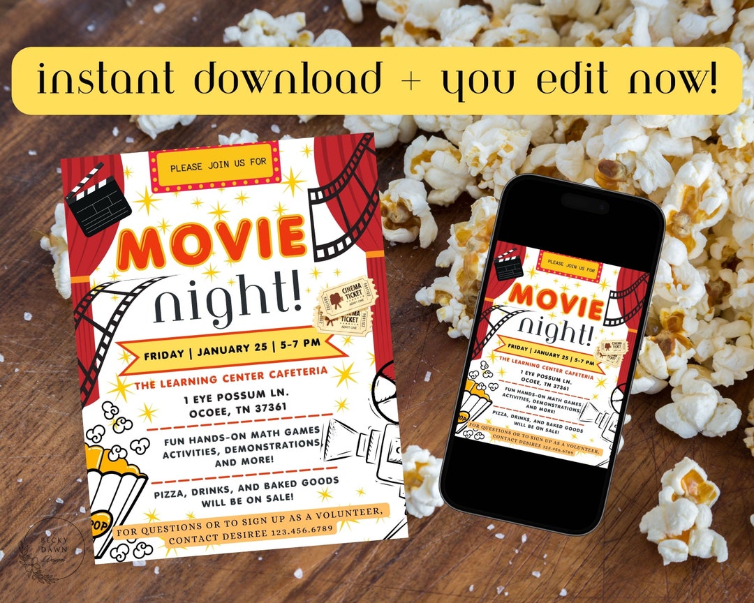 Editable Family Movie Night Flyer, PTO PTA Family School Flyer ...