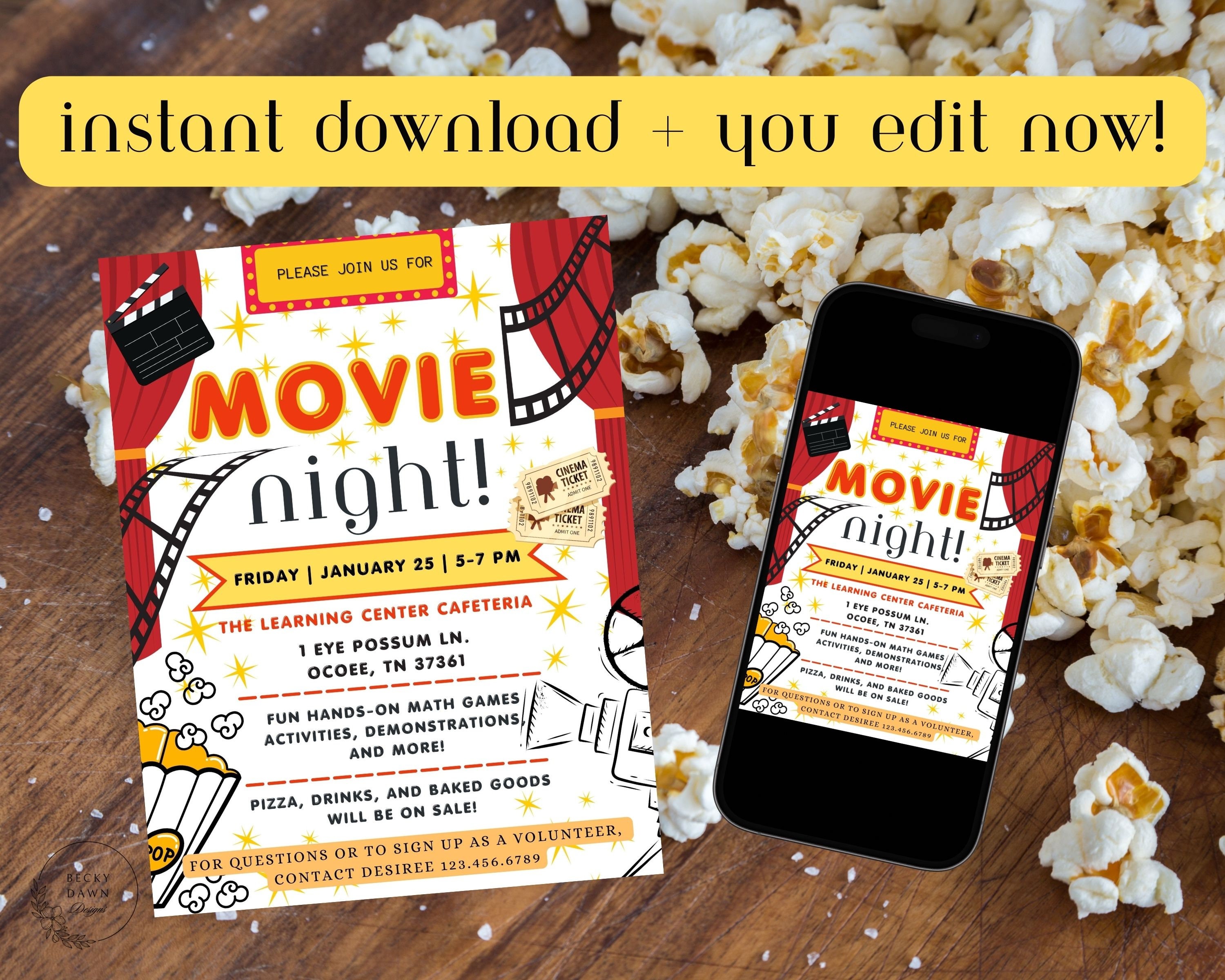 Editable Family Movie Night Flyer, PTO PTA Family School Flyer ...