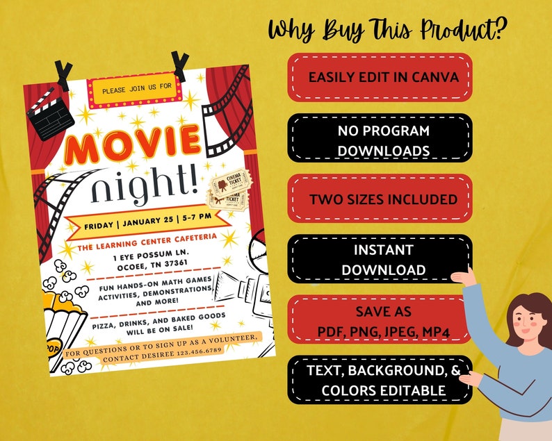 Editable Family Movie Night Flyer, PTO PTA Family School Flyer ...