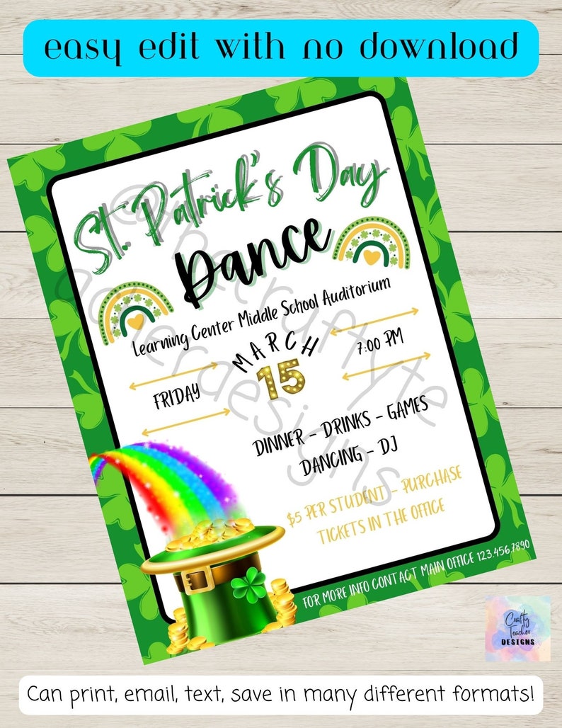 Editable St.patrick's Day Dance Flyer, School PTO PTA, Social Media ...