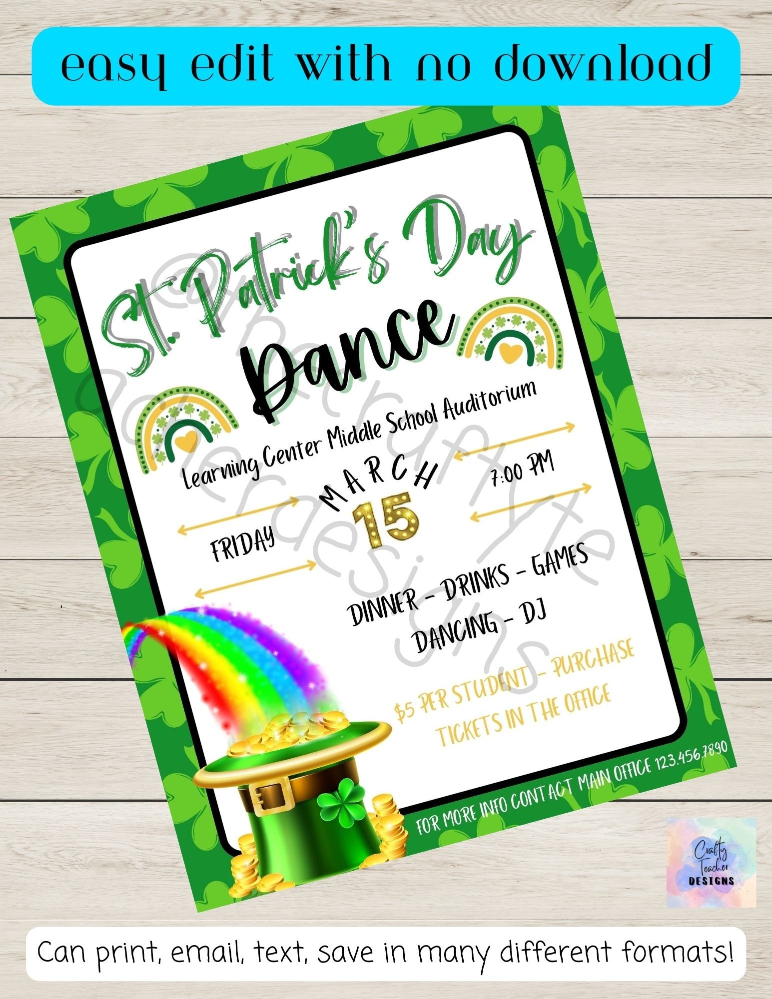 Editable St.patrick's Day Dance Flyer, School PTO PTA, Social Media ...