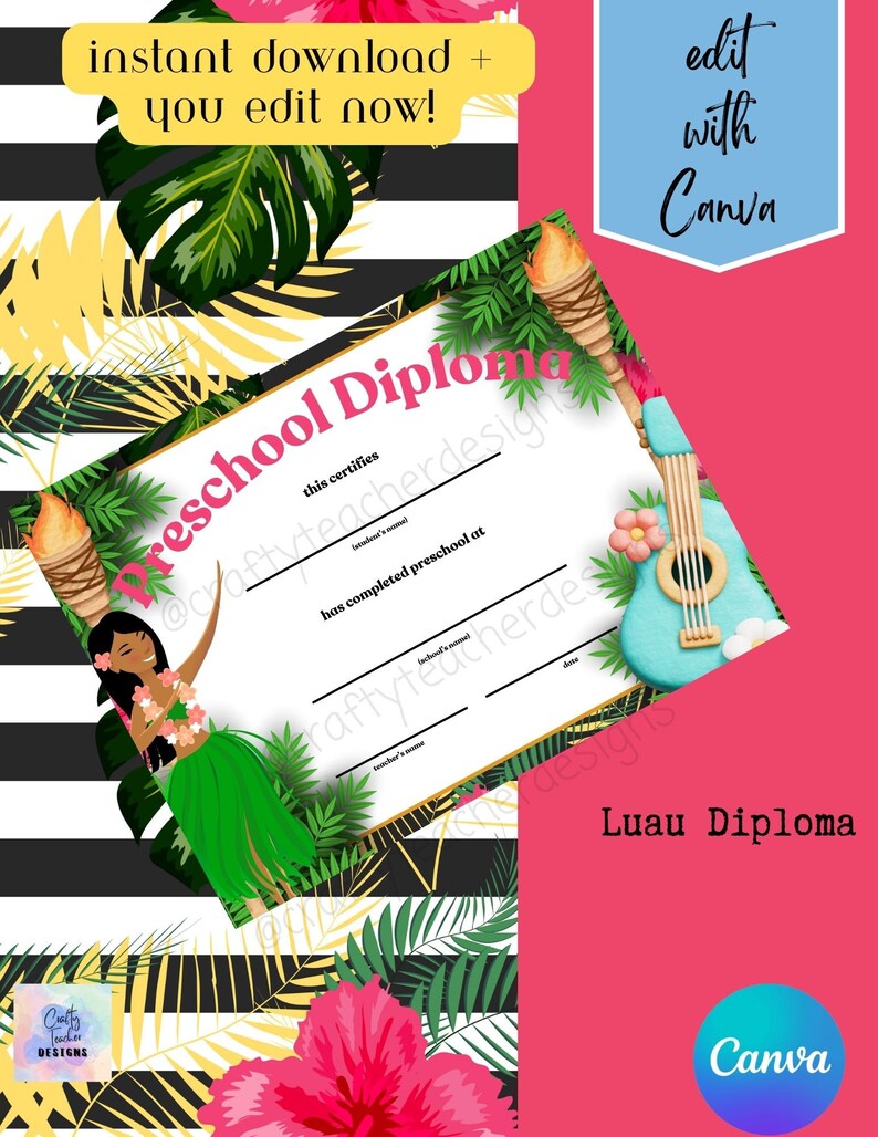 EDITABLE | End of Year | Graduation | Luau | Certificate | Pre-k - Etsy