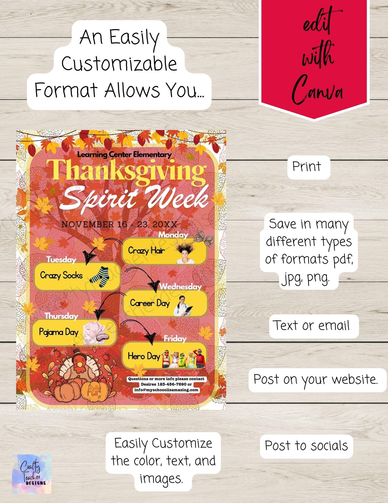 EDITABLE | Thanksgiving Spirit Week | Fall Theme | Office | School - Etsy