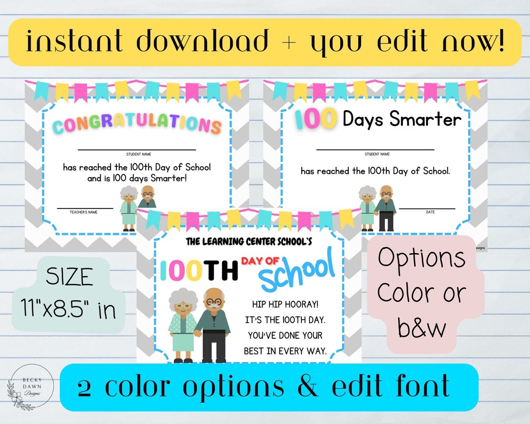 Editable--100th Day of School Editable Certificate Template, Printable ...