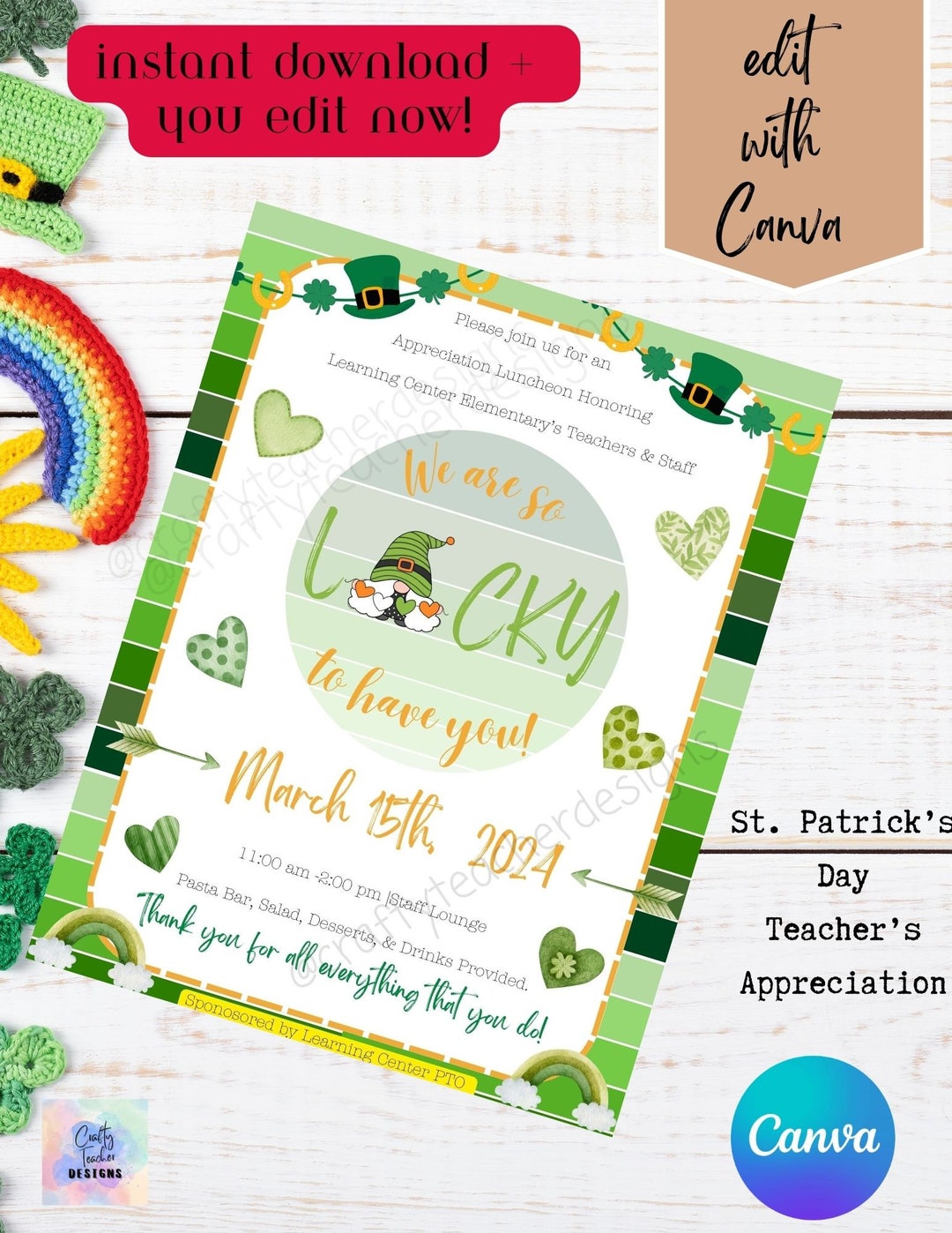 EDITABLE St. Patrick Day Teacher Appreciation Day Teacher Luncheon - Etsy