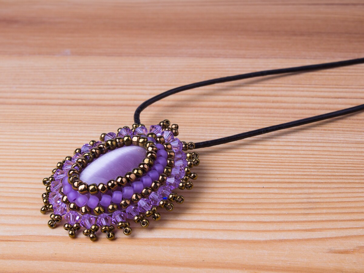 Hand Beaded Swarovski Purple Pendant, Purple Beadwork Pendant Necklace ...