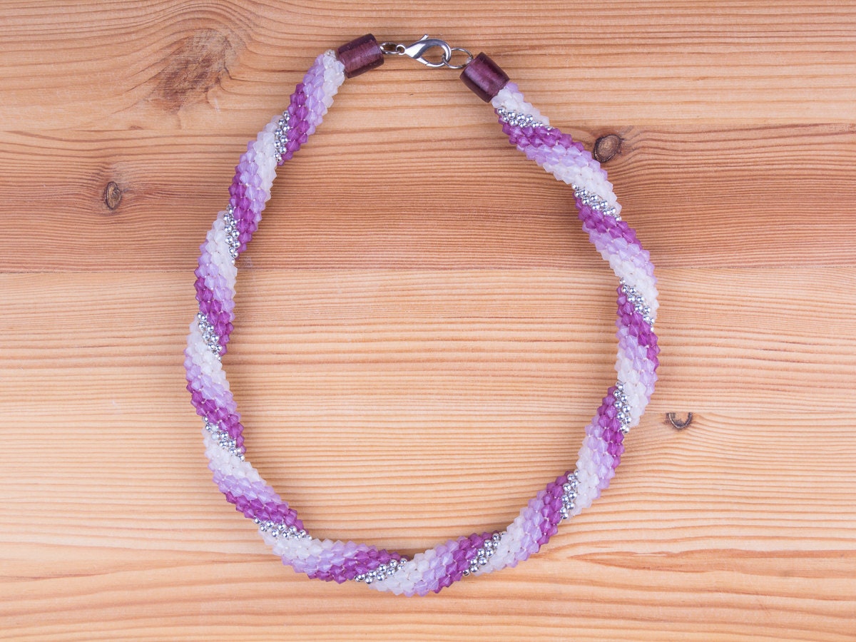 Purple White Rope Necklace Crystal Beaded Long Necklace, Purple White ...