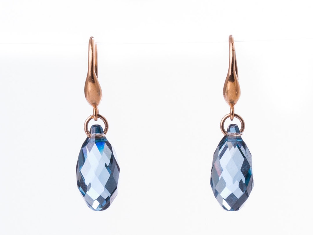 Blue Crystal Dainty Gold Dangle Delicate Earrings, Small Blue Denim ...