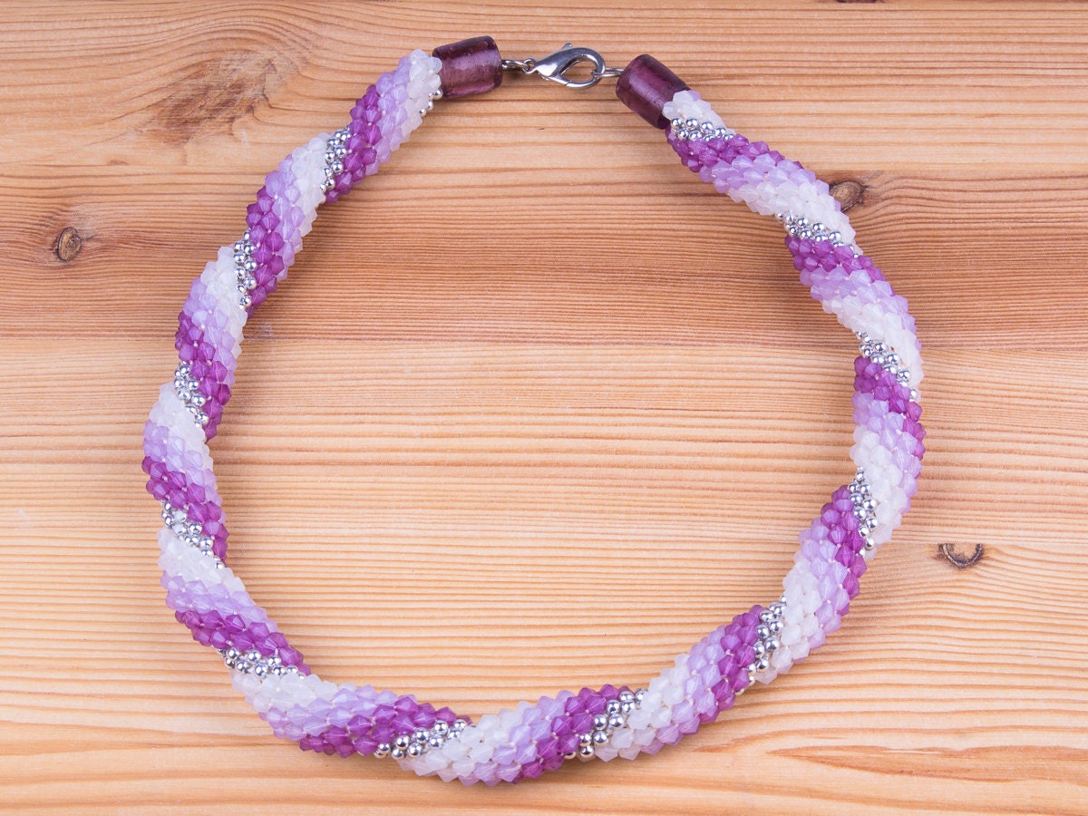 Purple White Rope Necklace Crystal Beaded Long Necklace, Purple White ...