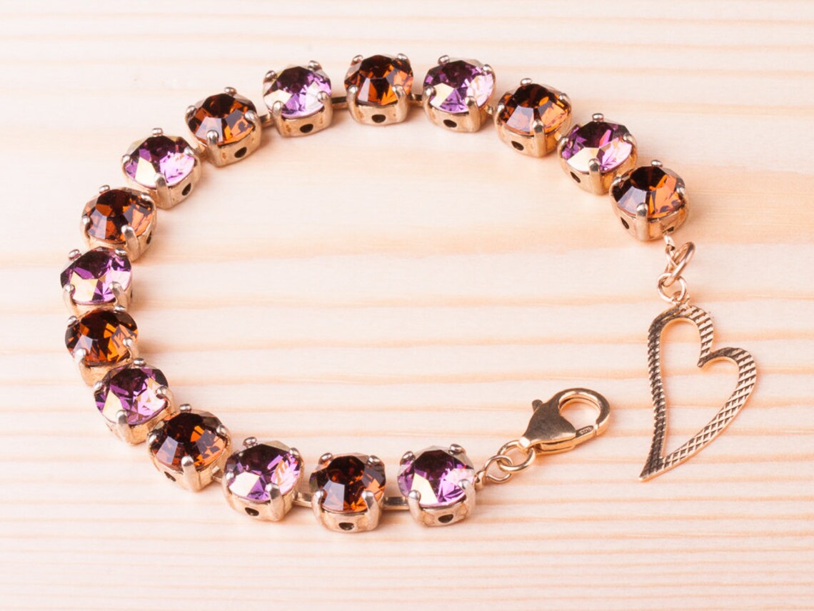 Red Purple Crystal Heart Pendant Bracelet, Swarovski Elements in Gold ...