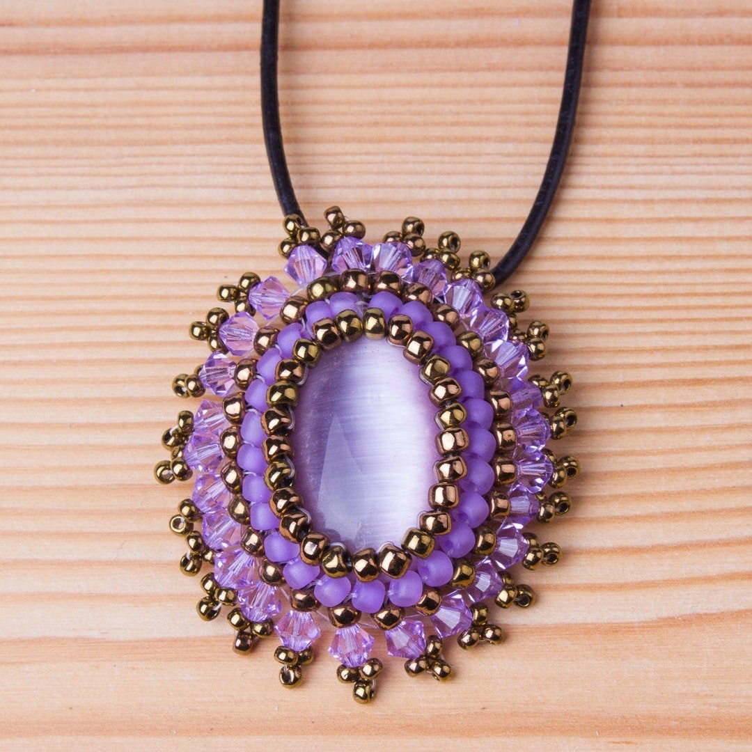 Hand Beaded Swarovski Purple Pendant, Purple Beadwork Pendant Necklace ...