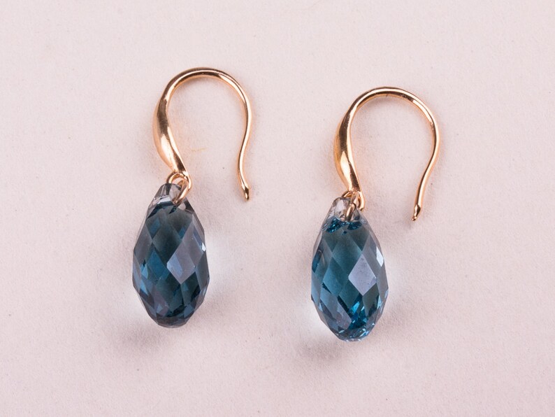 Blue Crystal Dainty Gold Dangle Delicate Earrings, Small Blue Denim ...