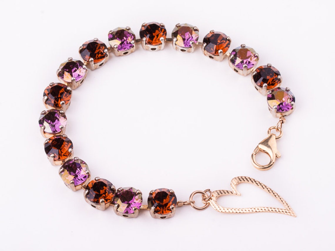 Red Purple Crystal Heart Pendant Bracelet, Swarovski Elements in Gold ...