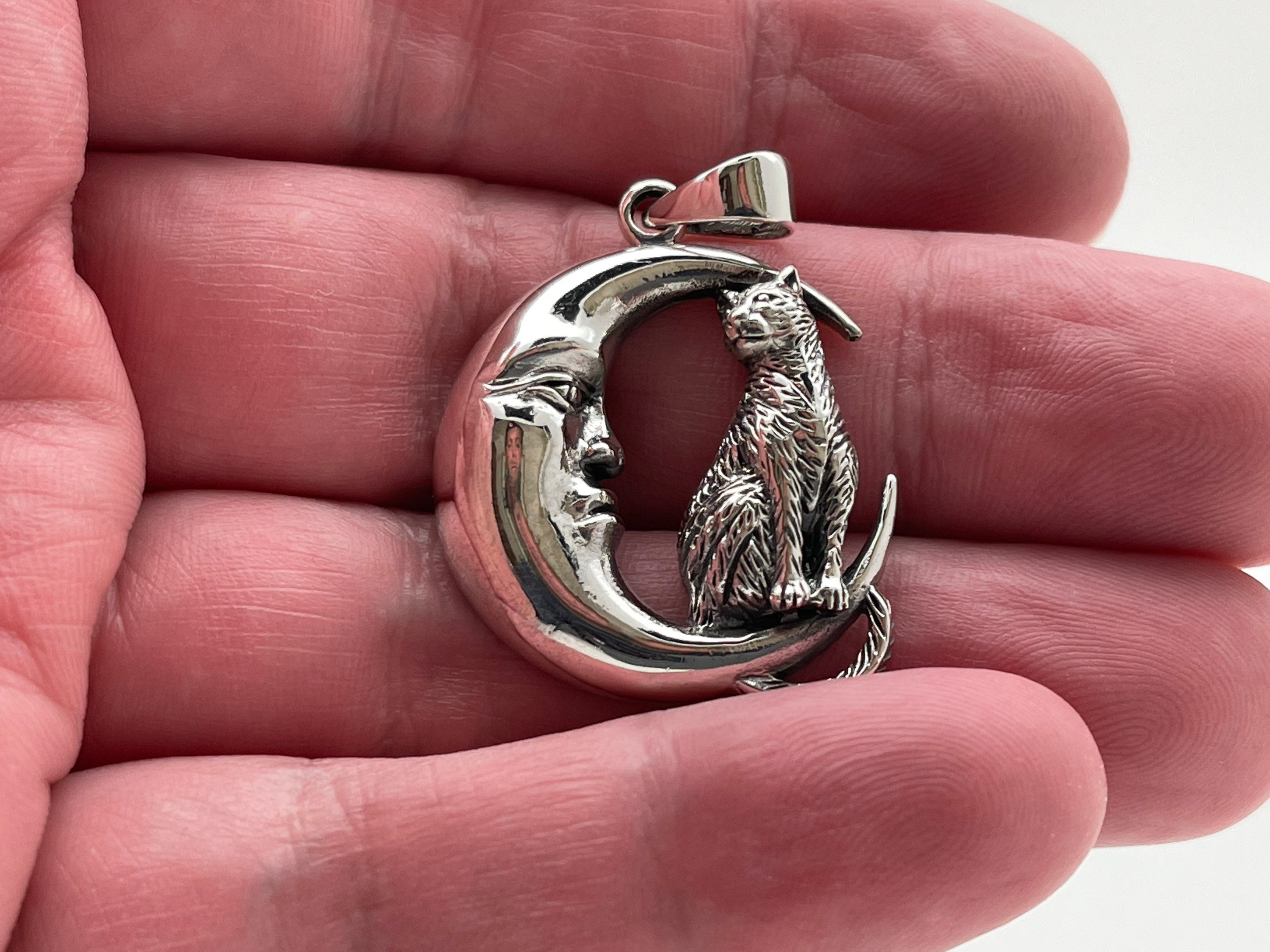 Moon and Cat Pendant 925 Sterling Silver // Oxidized | Etsy