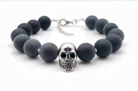 Skull Bracelet Beaded Black Onyx Skull Bracelet Black Onyx Skull Bracelet Sterling Silver Etsy UK