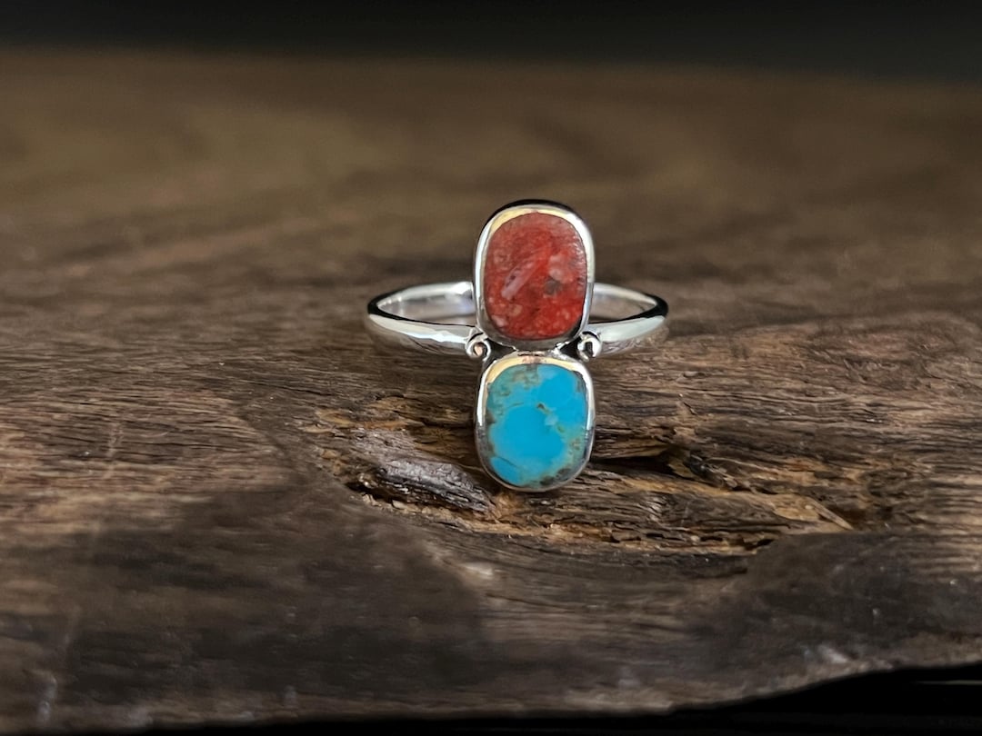 Western Turquoise Coral Ring // 925 Sterling Silver // Sizes 5 to 10 - Etsy