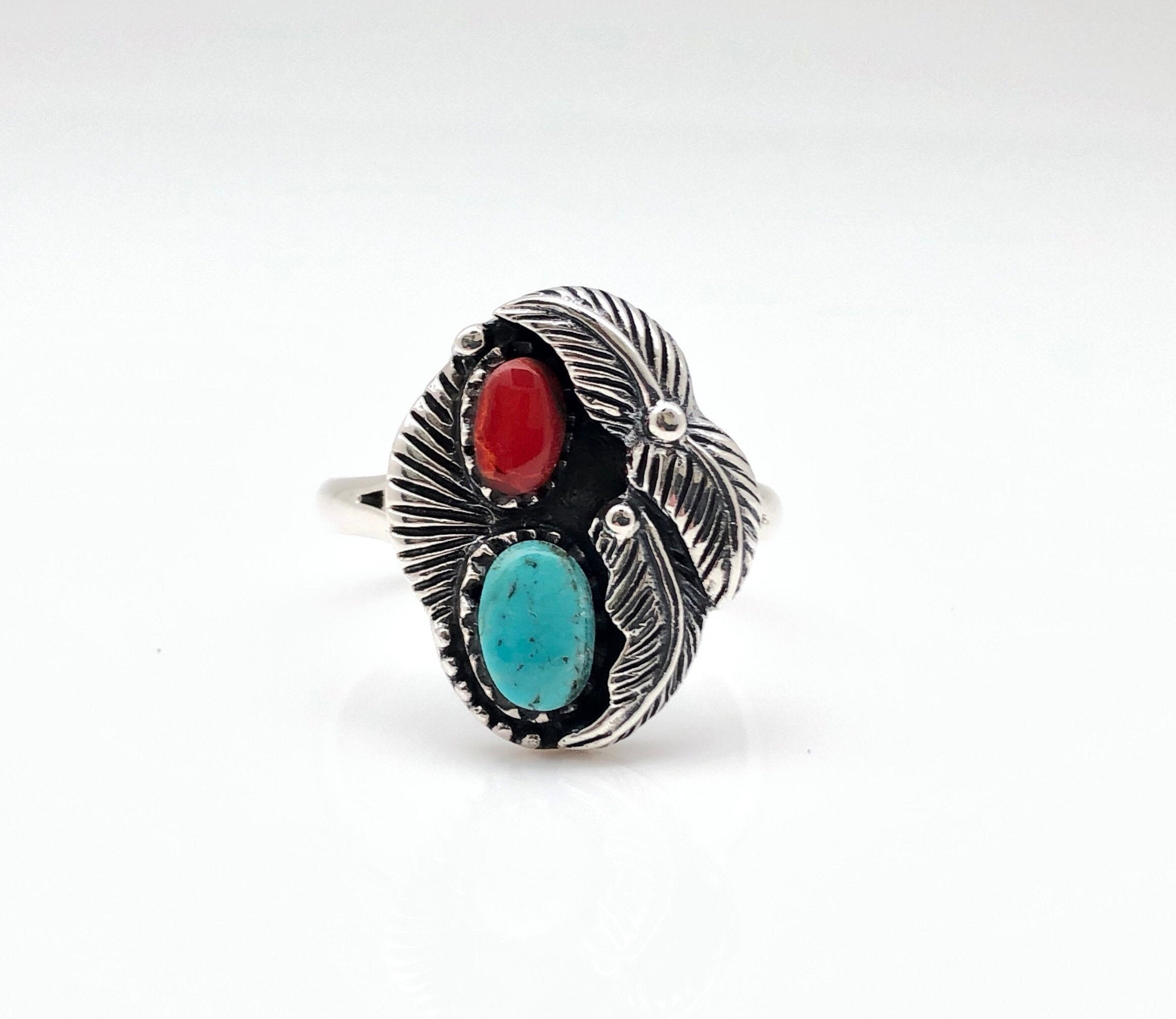 Turquoise and Coral Feather Ring: Southwest Sterling Silver Ring - Etsy