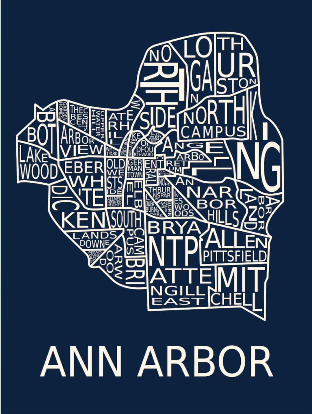 Ann Arbor, Michigan Typography Neighborhood Map Print - Etsy