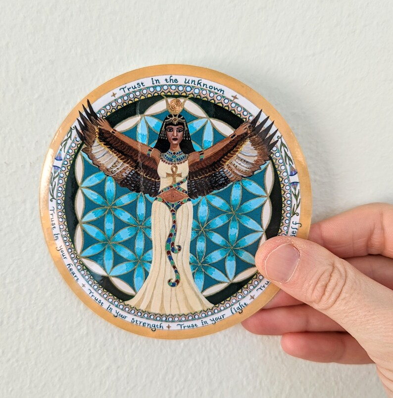 Egyptian Goddess Isis Round Mandala Sticker 4"x4", Wings, Ankh, Trust ...