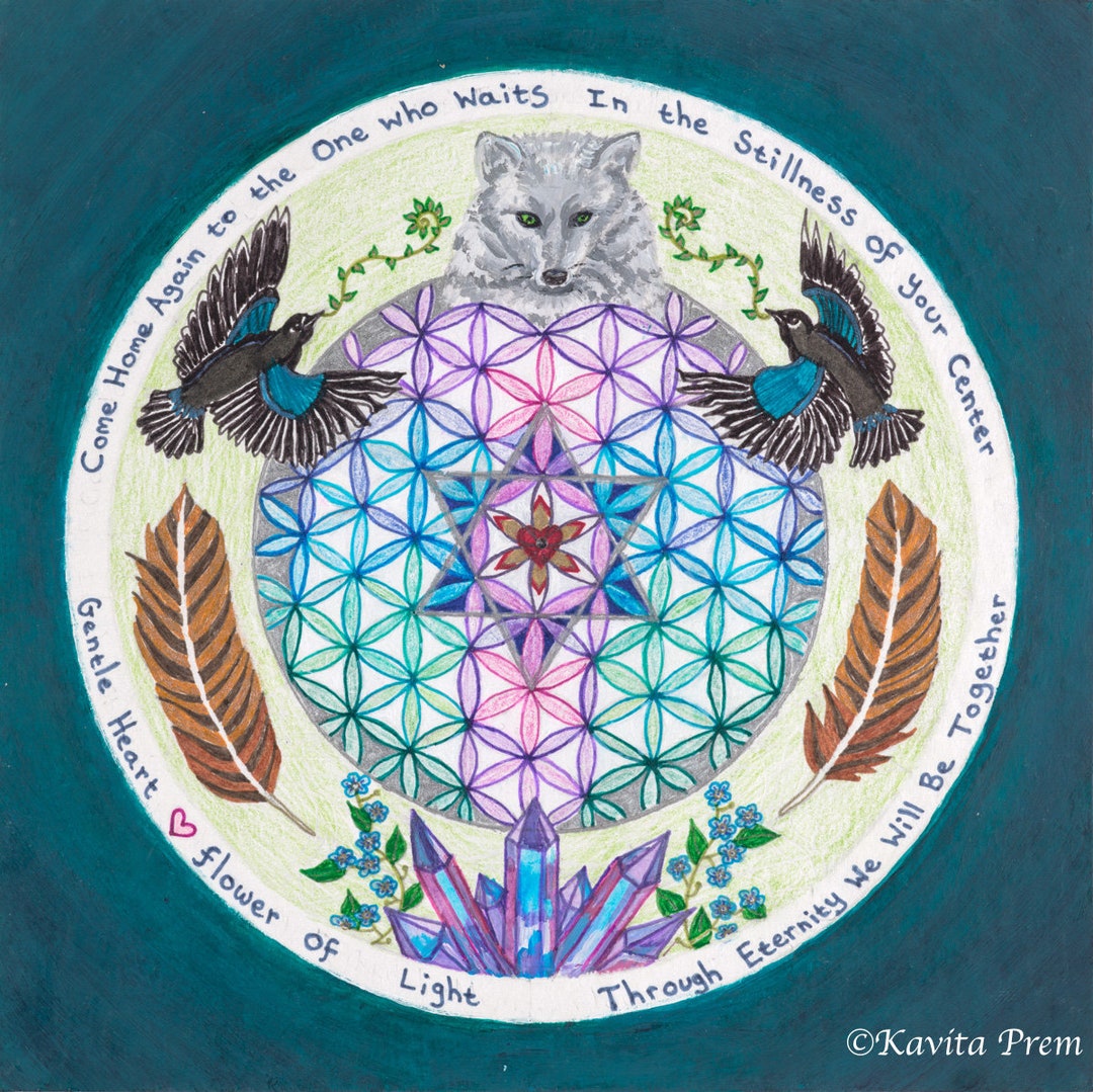 Flower of Light Original Painting: Sacred Geometry Wolf Raven Art (8"x8 ...