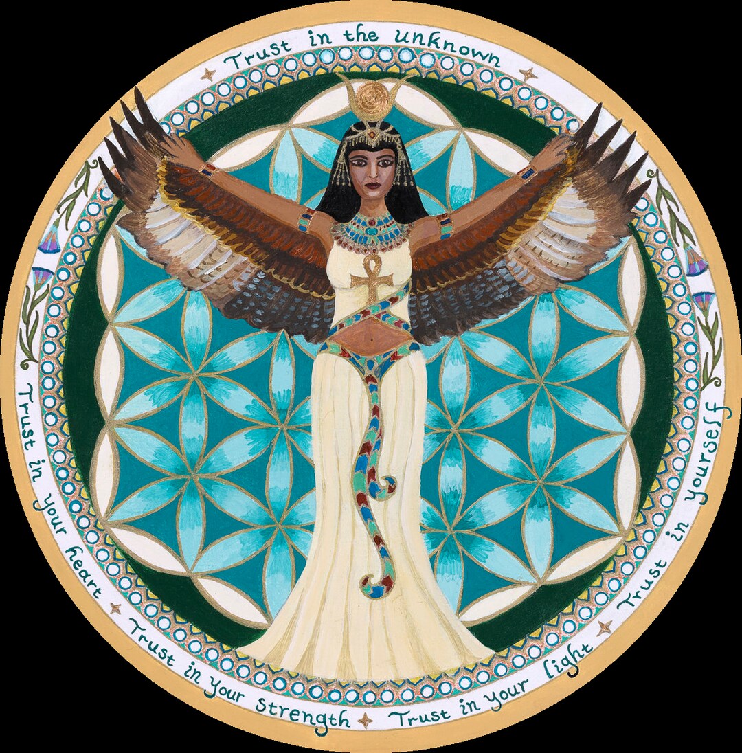 Egyptian Goddess Isis Round Mandala Sticker 4"x4", Wings, Ankh, Trust ...