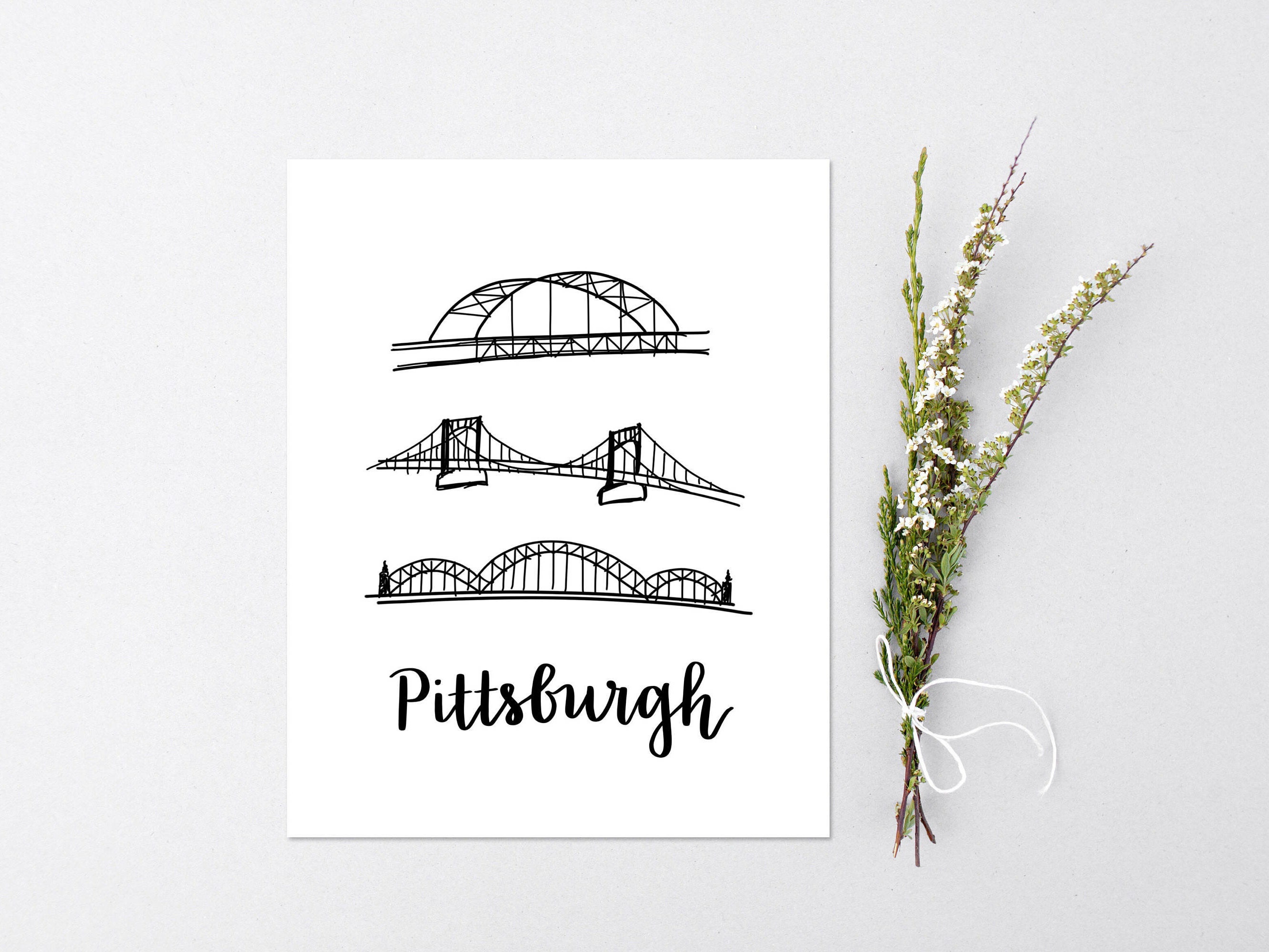 Pittsburgh Calligraphy & Bridges Sketch - Digital File, Printable ...