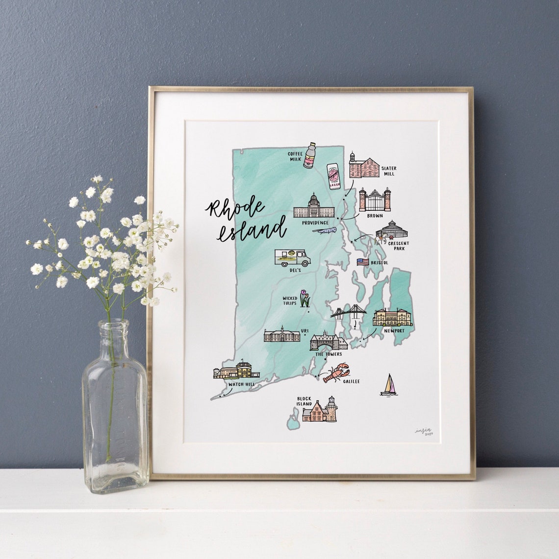 Rhode Island Map Print - Digital File, Printable Download, Color Hand ...