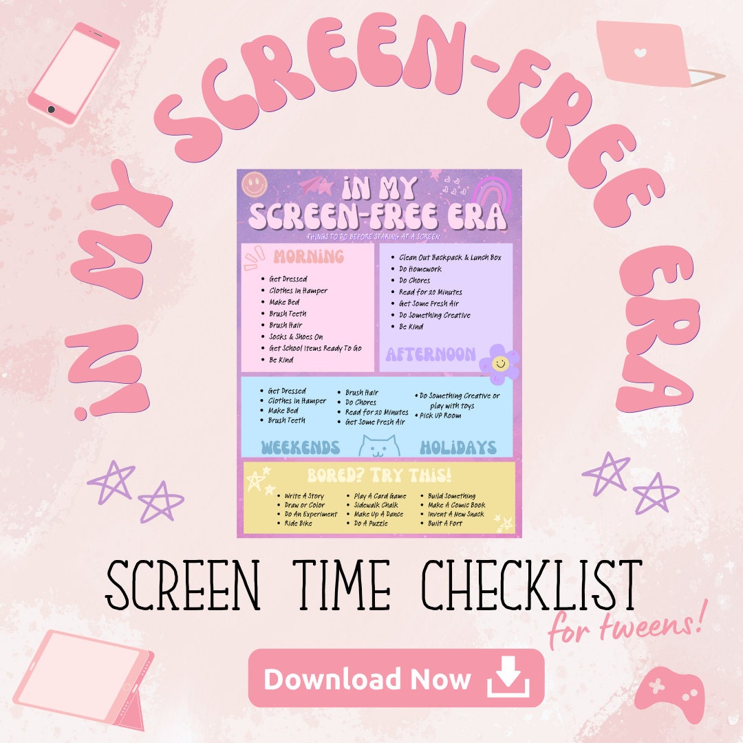 Screen Time Checklist Kid Tween Girl Preppy Aesthetic Screen Free Era ...