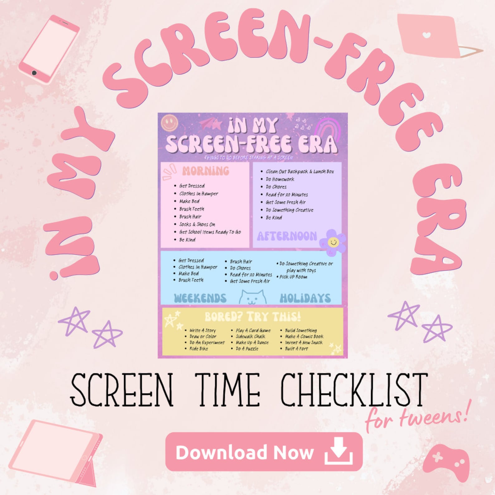 Screen Time Checklist Kid Tween Girl Preppy Aesthetic Screen Free Era ...