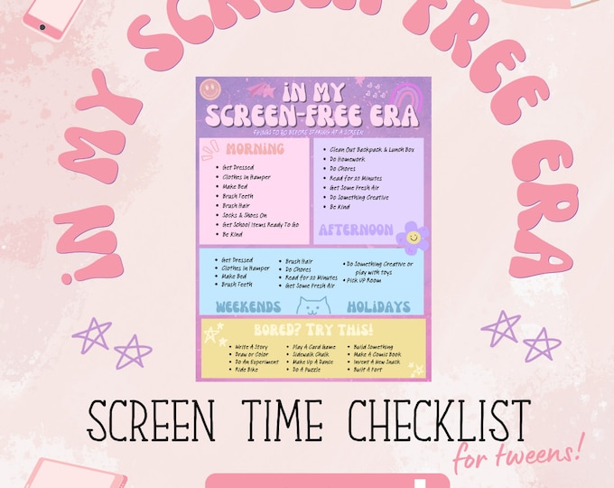 Screen Time Checklist Kid Tween Girl Preppy Aesthetic Screen Free Era ...